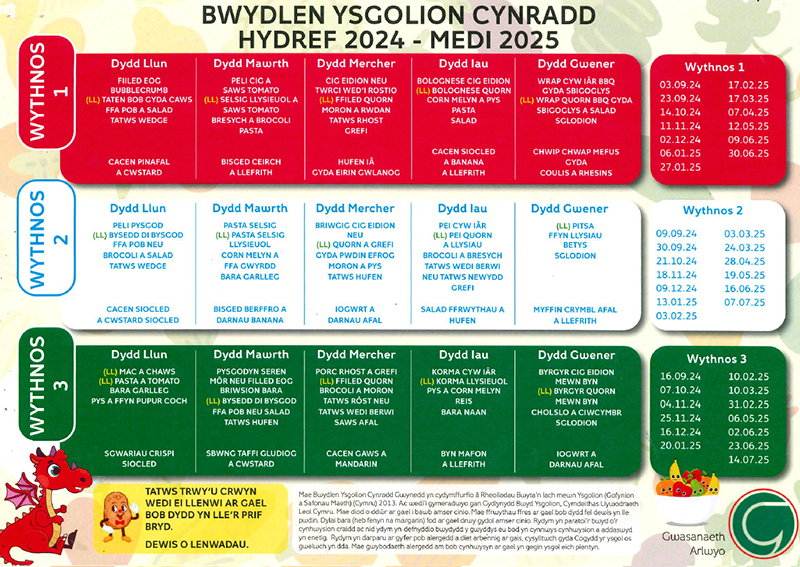 Bwydlen Cinio | Ysgol y Gelli
